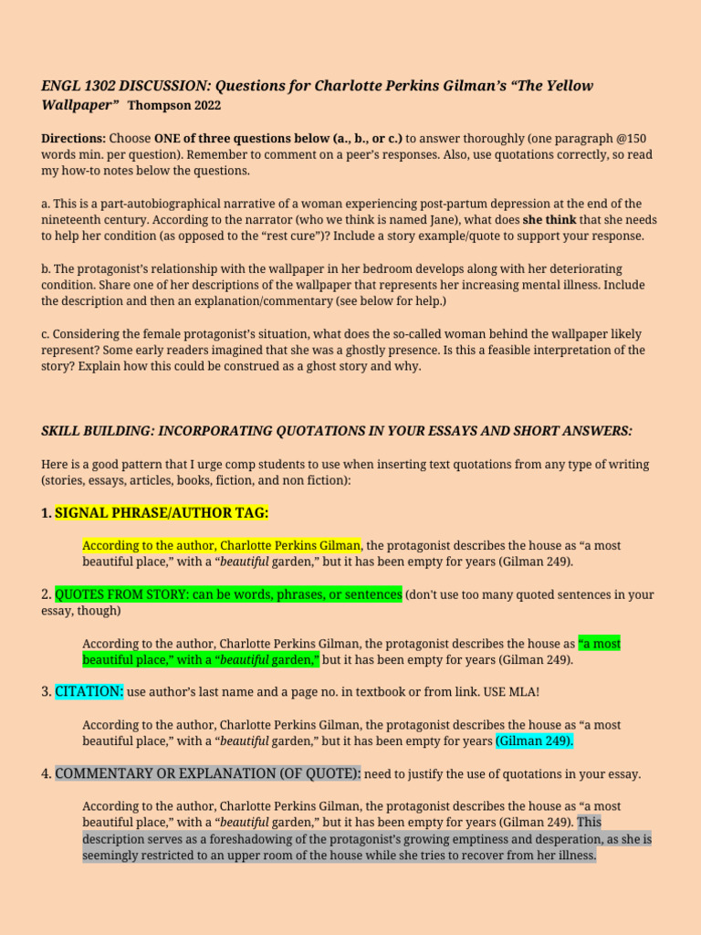 Discussion Questions for "The Yellow Wallpaper" | PDF | The Yellow ...