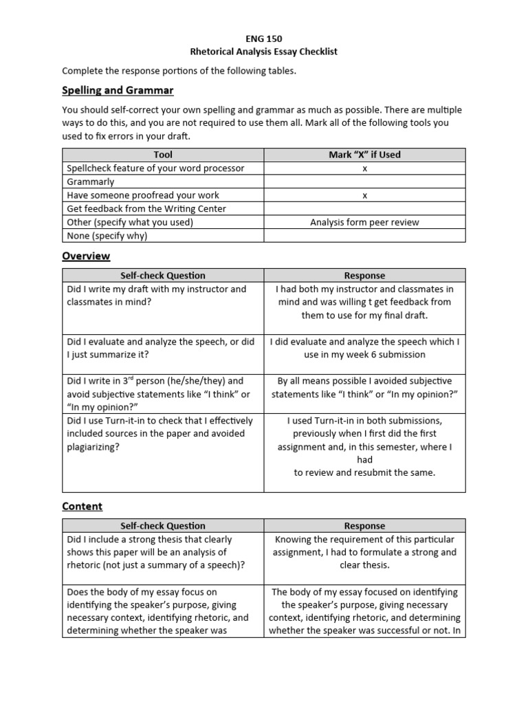 Rhetorical Analysis Essay Checklist | PDF | Turnitin | Essays