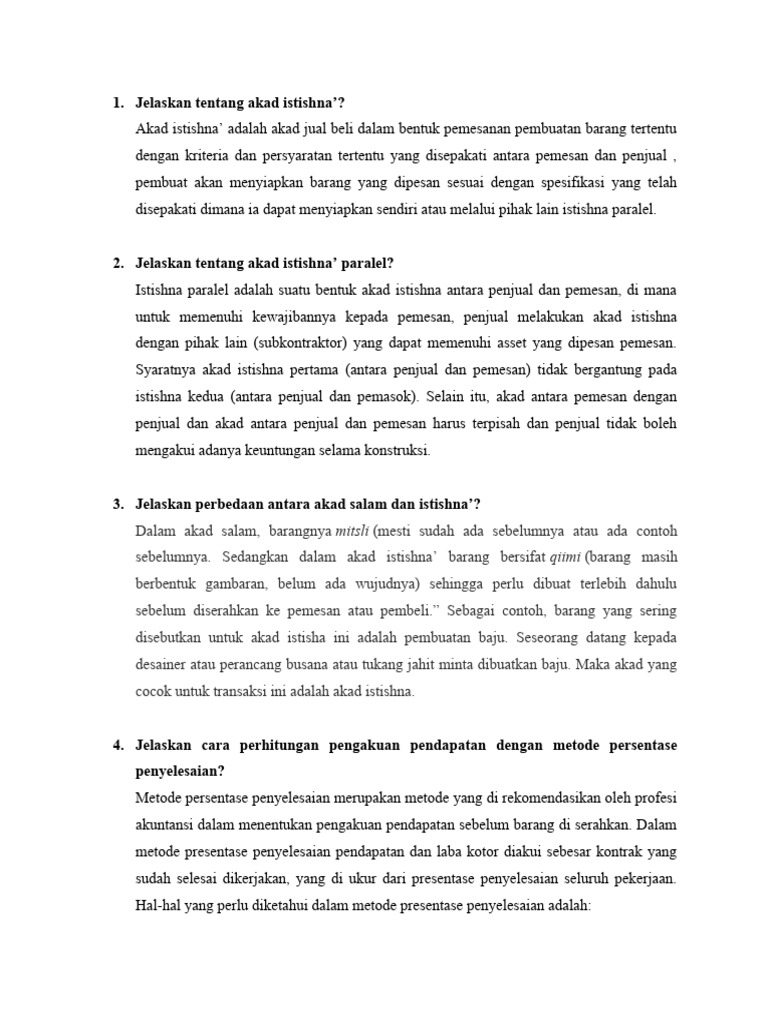 Pertanyaan Materi Akad Istishna' | PDF | Pengelolaan Keuangan & Uang