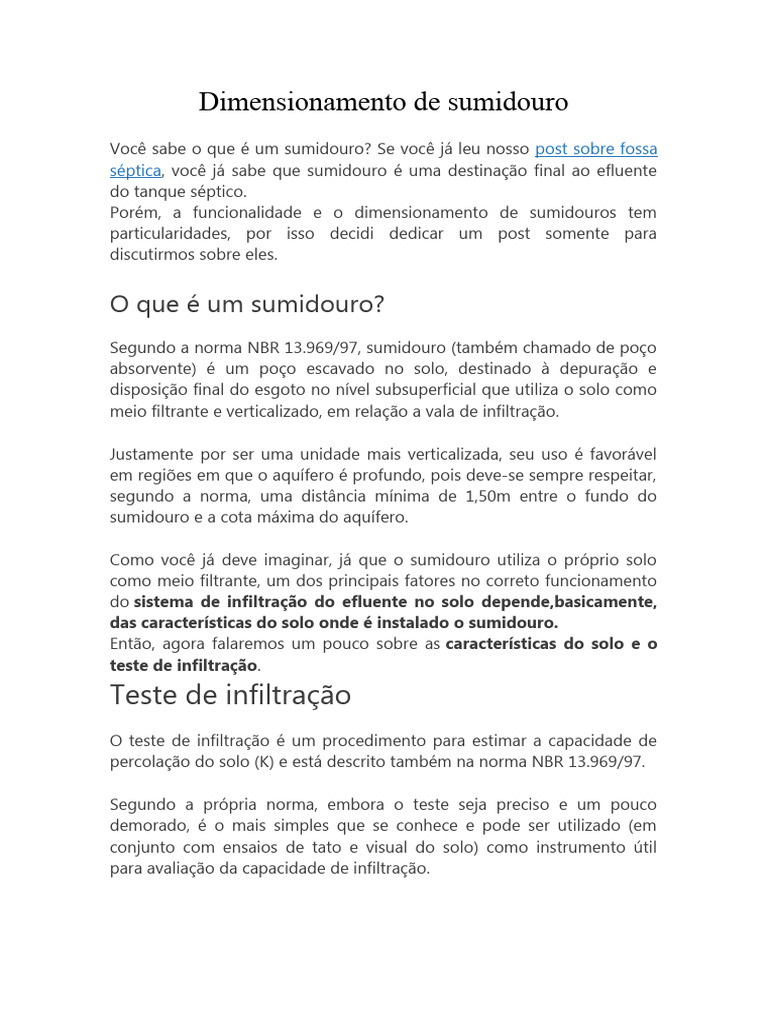 Dimensionamento E Funcionamento De Sumidouros Pdf Solo Tanque Séptico