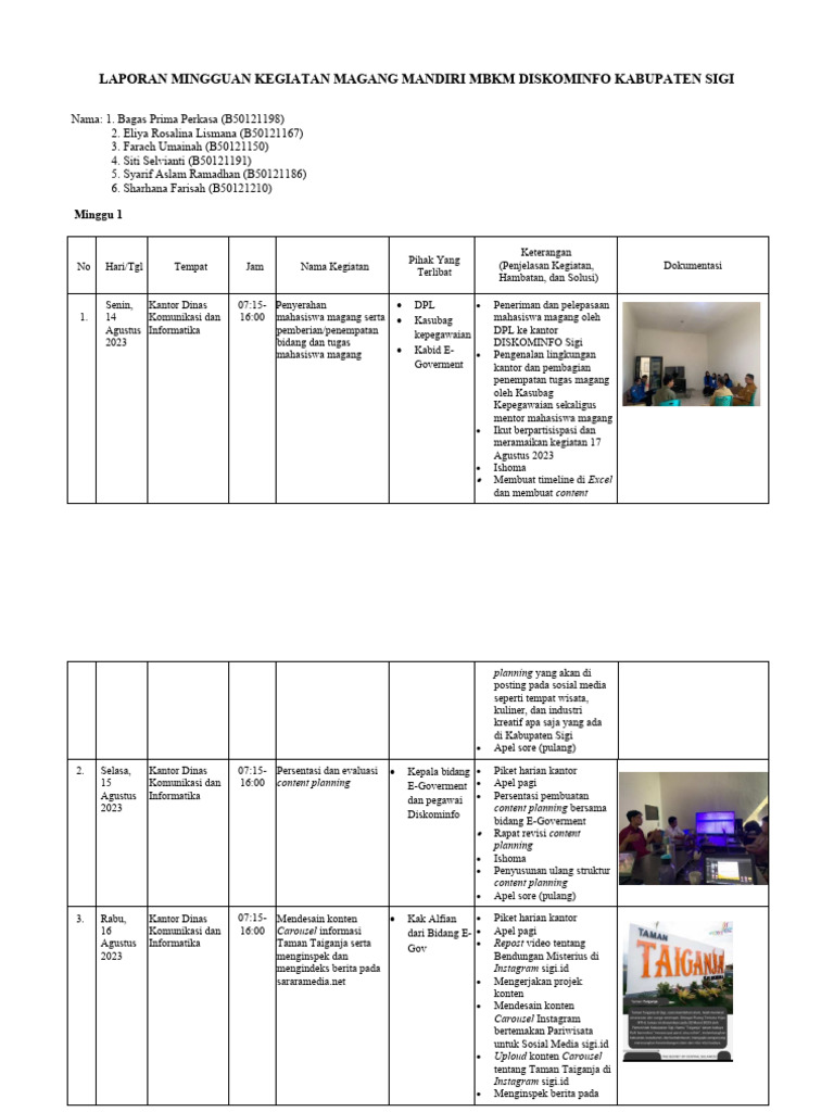 Laporan Mingguan Kegiatan Magang Mandiri MBKM Diskominfo Kabupaten Sig1 | PDF