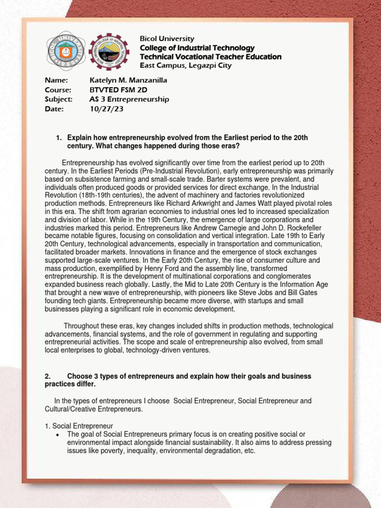 Manzanilla, KAtelyn - BTVTED FSM 2d - AS3 Entrepreneurship Task | PDF | Entrepreneurship ...