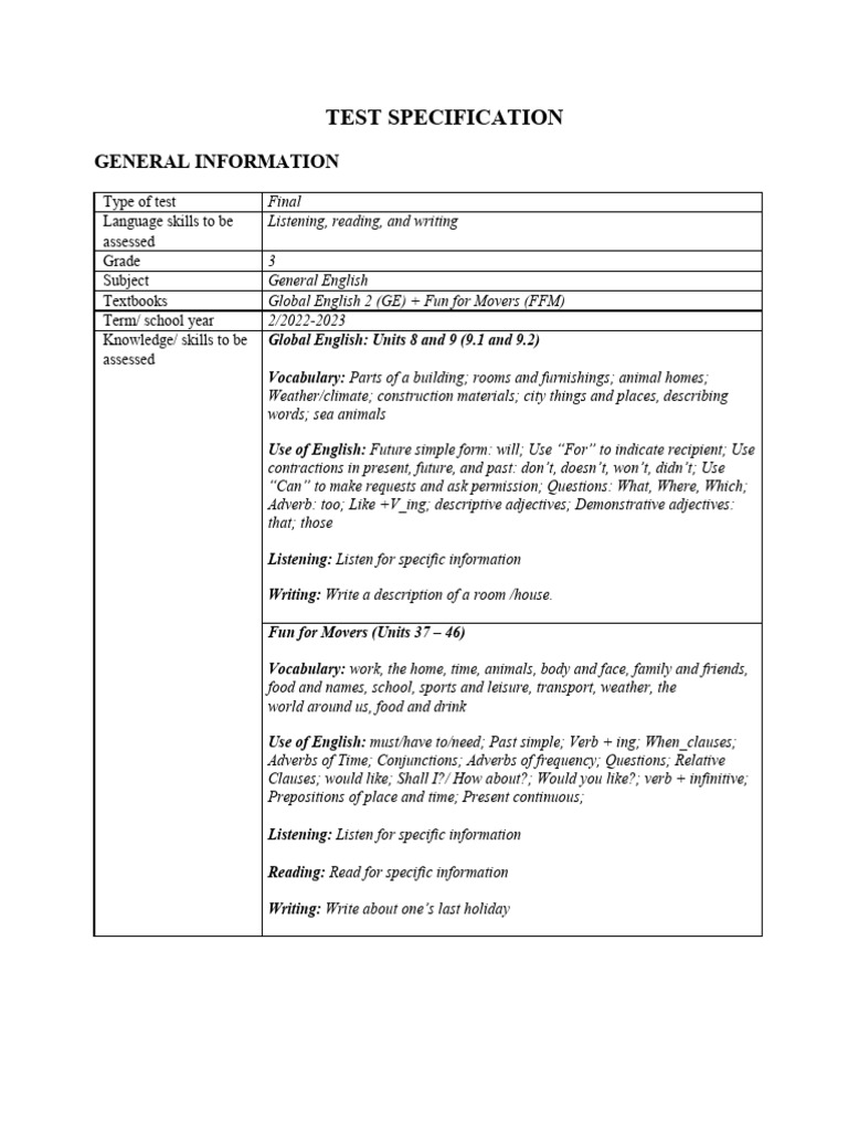 Test Spec-Ge 3 - Final 2-LRW | PDF | English Language | Adverb