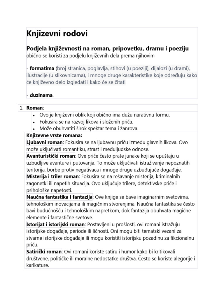 Podjela Književnosti Na Roman | PDF