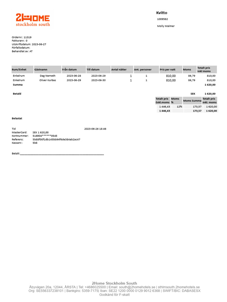 2HOME SOUTH Kvitto - 11319 | PDF