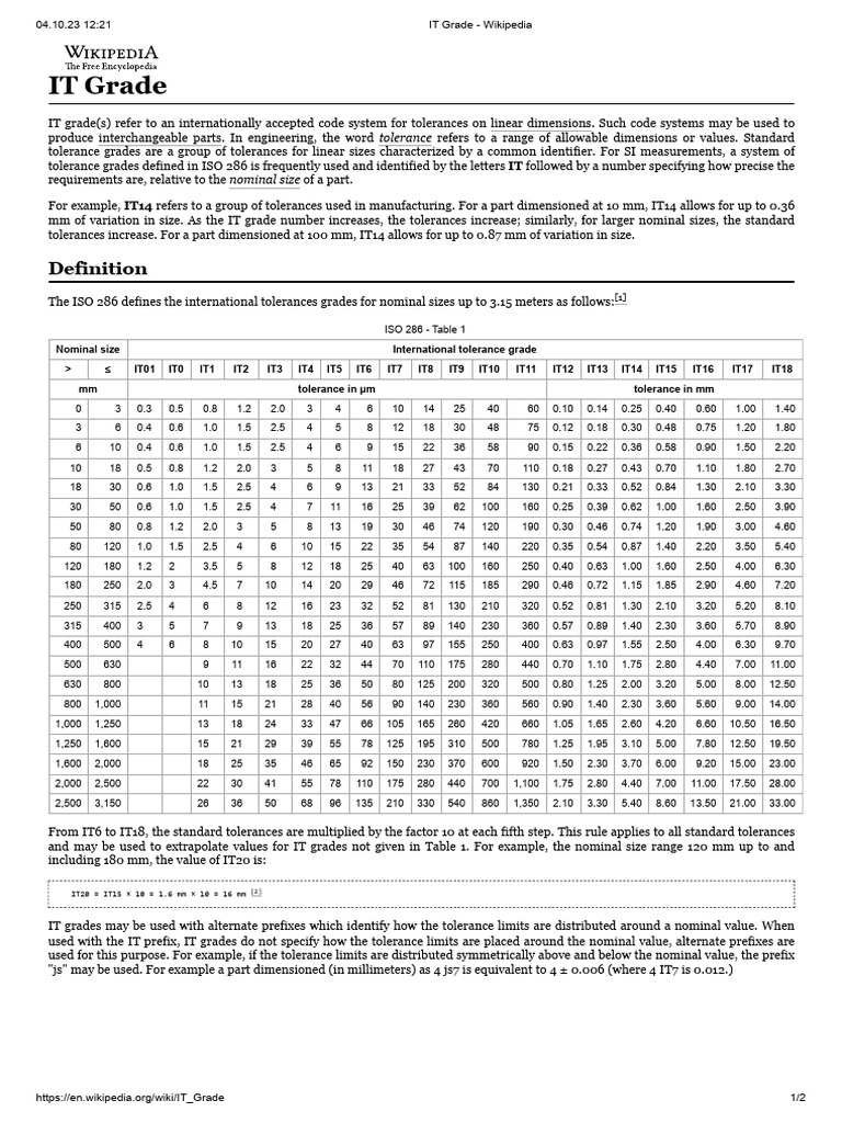 IT Grade - Wikipedia | PDF | Engineering Tolerance | Metrology