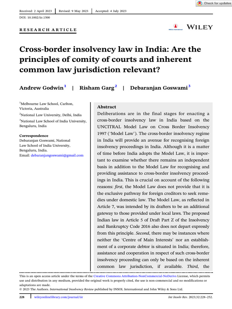 Intl Insolvency Rev - 2023 - Godwin - Cross Border Insolvency Law in India Are The Principles of ...