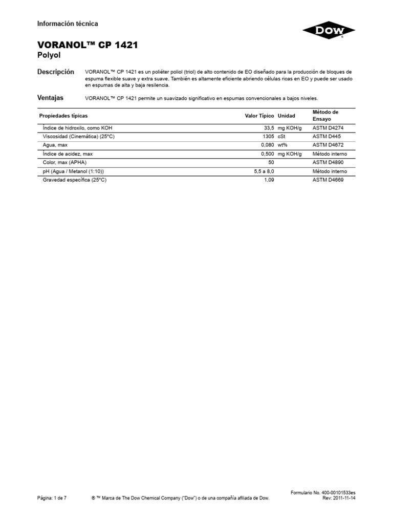 VORANOL CP 1421 TDS SP | PDF | Cigarrillo electrónico | Química
