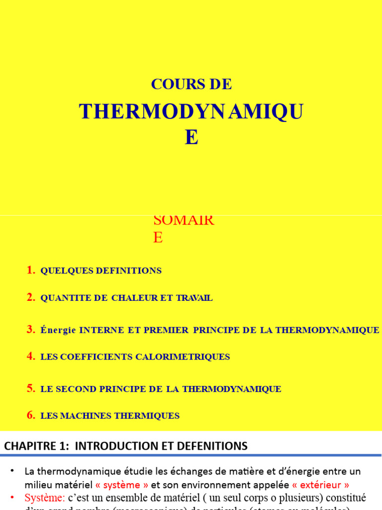 Cours de Thermodynamique : Concepts Clés | PDF | Capacité thermique | Transfert thermique