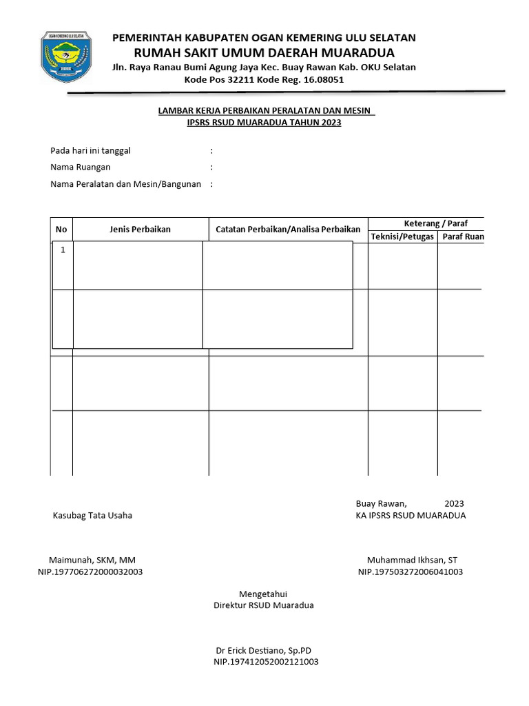 Contoh Lembar Kerja IPSRS Medis Dan Non Medis | PDF