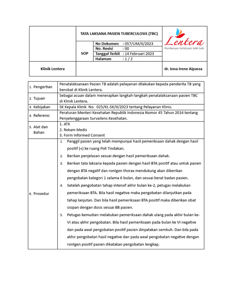 Sop Tata Laksana Pasien Tuberculosis (TBC) | PDF