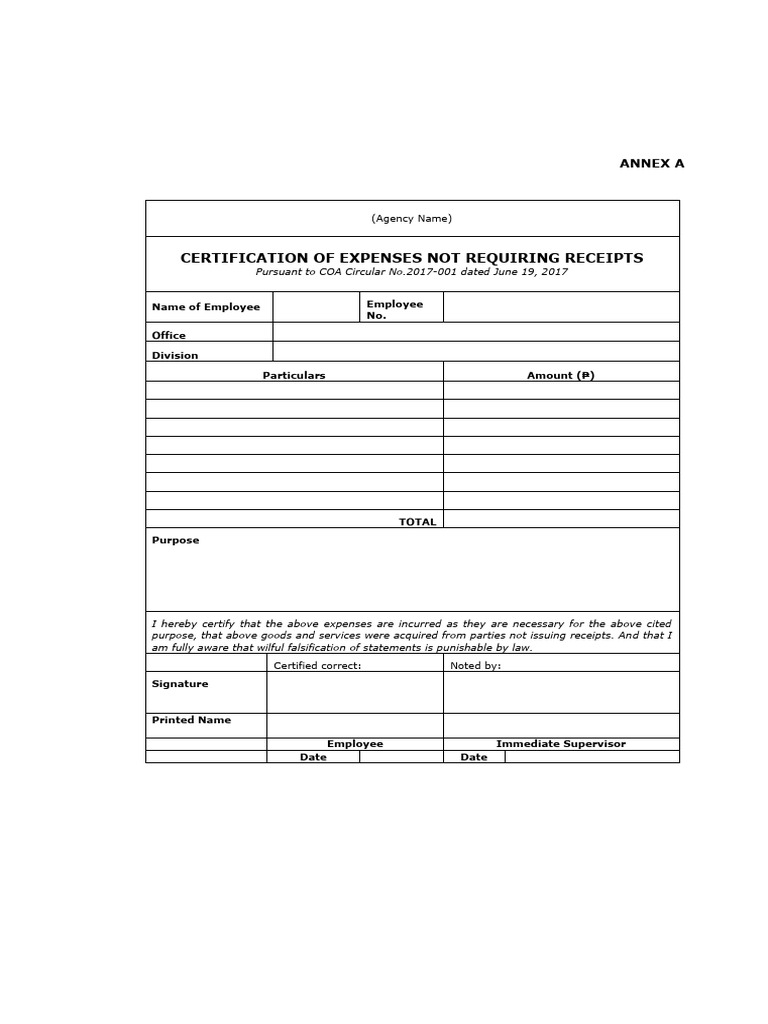 2017 COA Circular No. 2017 001 - Annex A Certification of Expenses Not Requiring Receipts | PDF