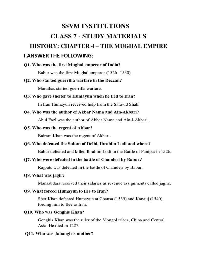 Mughal Empire Study Guide for Class 7 | PDF | Mughal Empire | Timurid ...