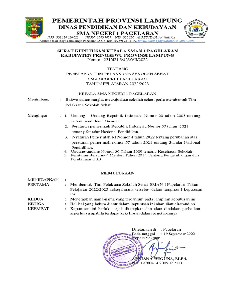 SK Tim Pelaksana Sekolah Sehat | PDF