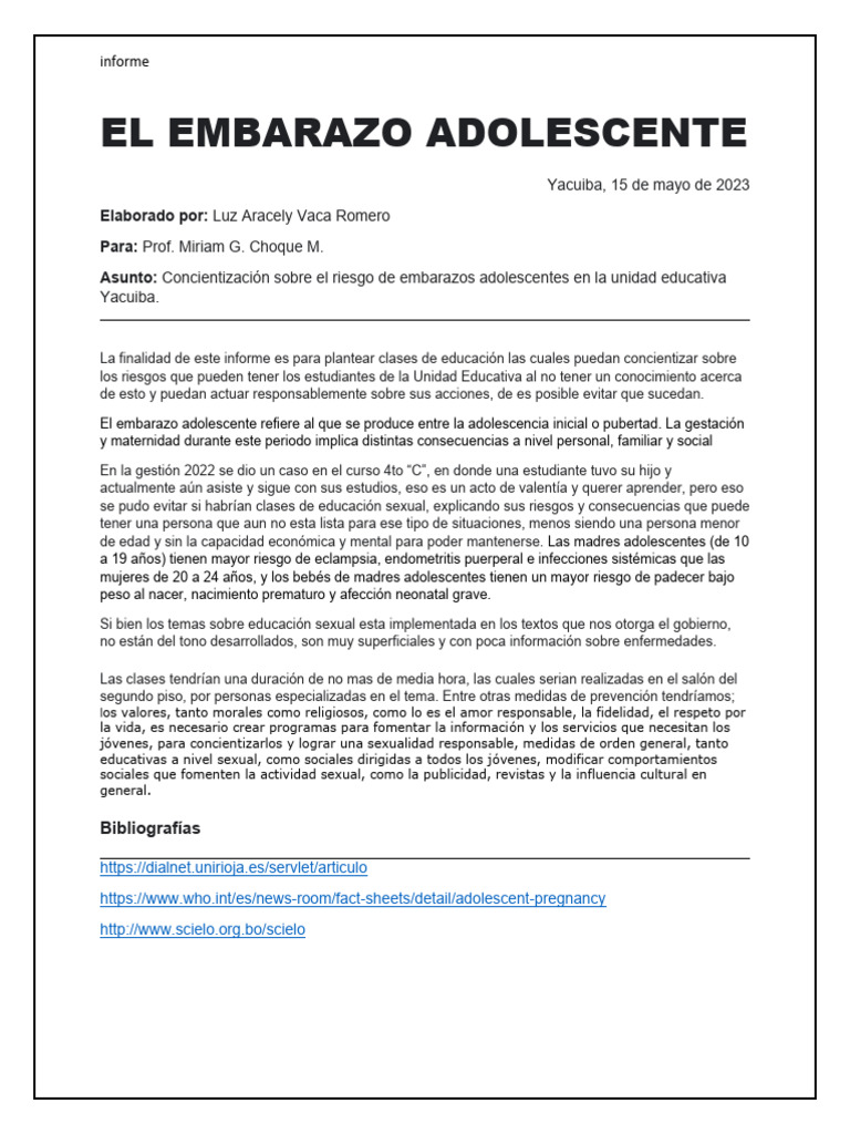 Informe Sobre El Embarazo Adolescente | PDF | Adolescencia | El embarazo
