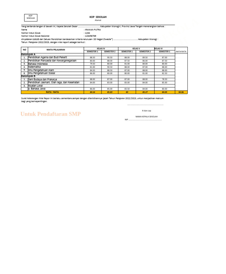 Format Nilai Rapot Untuk Pendaftaran Ke SMP Negeri | PDF