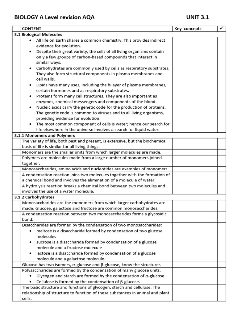 Biology Checklist | PDF | Cellular Respiration | Cell (Biology)