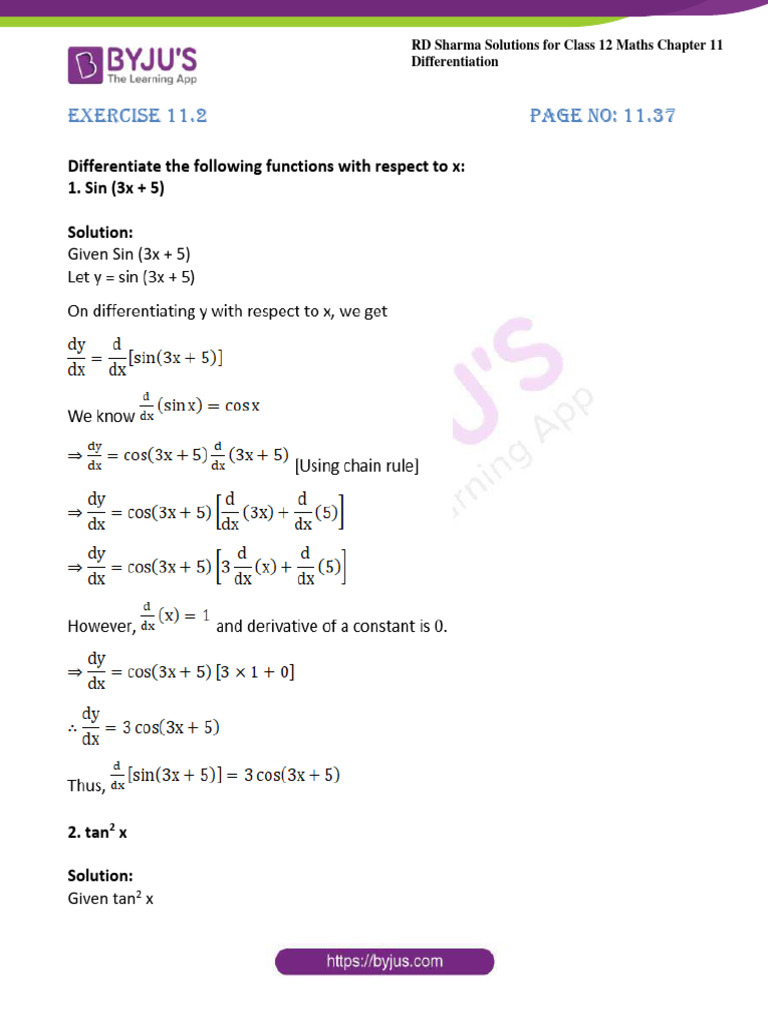 RD Sharma Class 12 Maths Solutions Chapter 11 Differentiation Exercise 11.2 | PDF ...