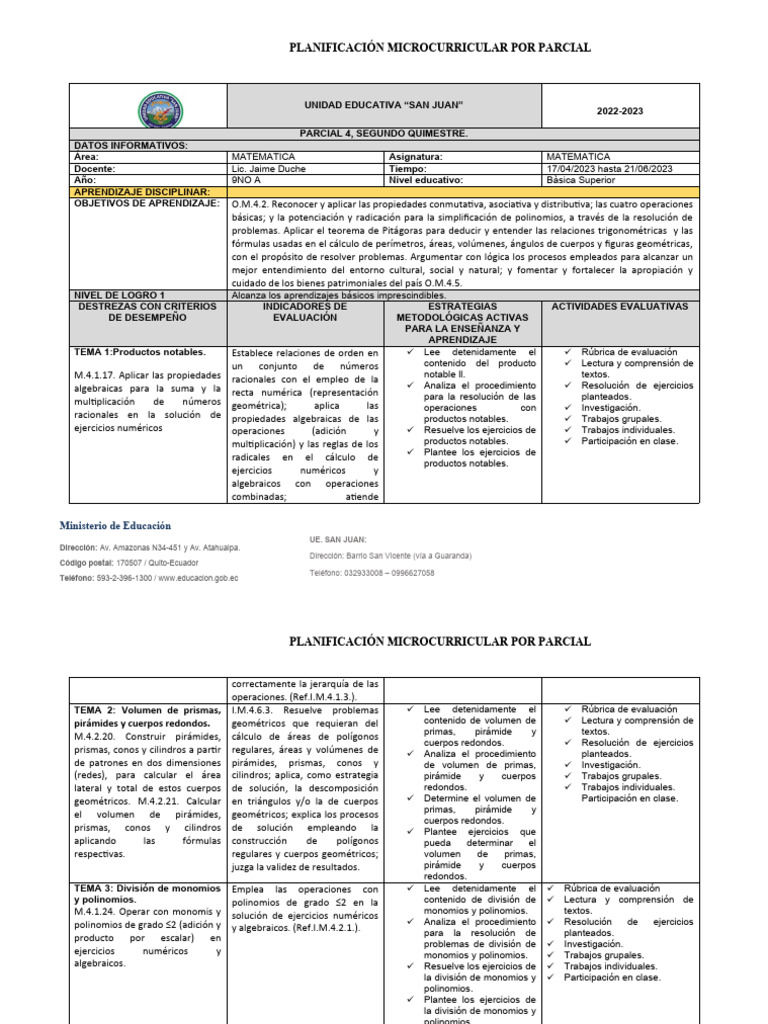 Plan de Mate de 9no | PDF | Geometría | Evaluación