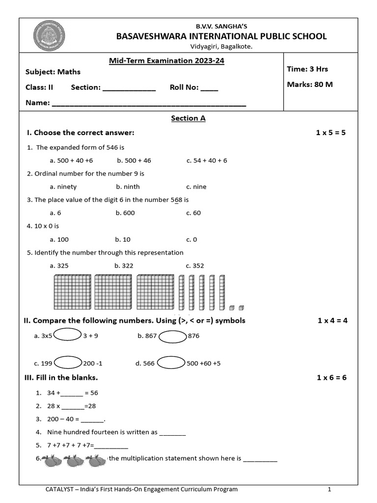 Class 2 Mid-Term Maths Exam 2023-24 | PDF | Mathematics