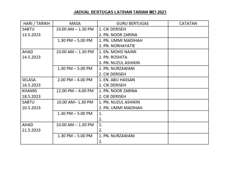 Jadual Guru Bertugas Latihan Tarian | PDF Jadual Guru Bertugas Latihan Tarian | PDF