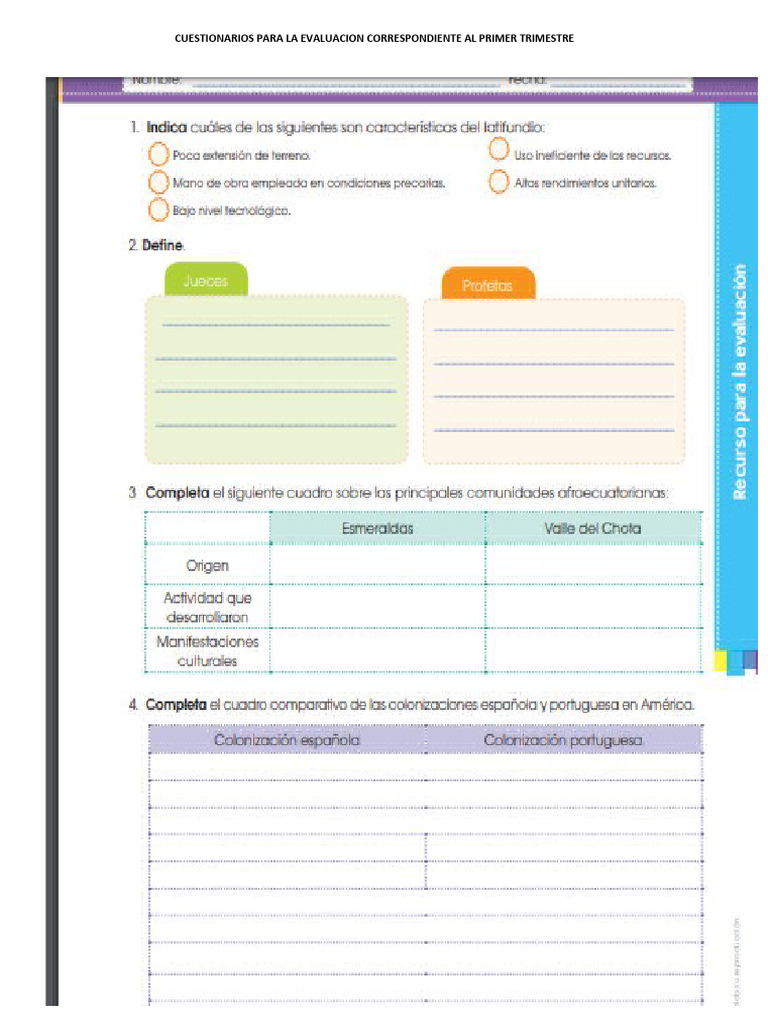 Cuestionario 3ro Bgu Historia t.2 | PDF