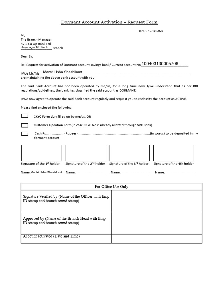 Dormant Account Activation Request Form | PDF