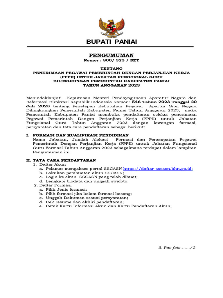 Pengumuman PPPK Tahun 2023 Kabupaten Paniai | PDF