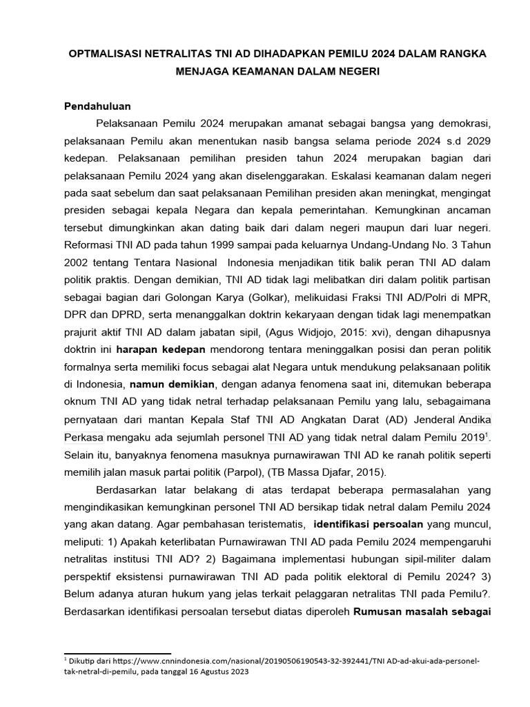 Netralitas TNI AD di Pemilu 2024 | PDF