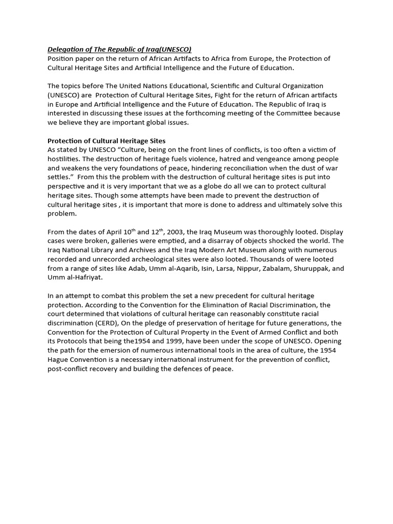 MUN Position Paper | PDF | Cultural Heritage | Iraq MUN Position Paper | PDF | Cultural Heritage | Iraq