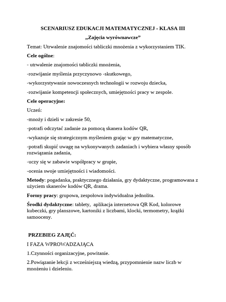 Scenariusz Zajec Wyrownawczych Z Matematyki | PDF Scenariusz Zajec Wyrownawczych Z Matematyki | PDF