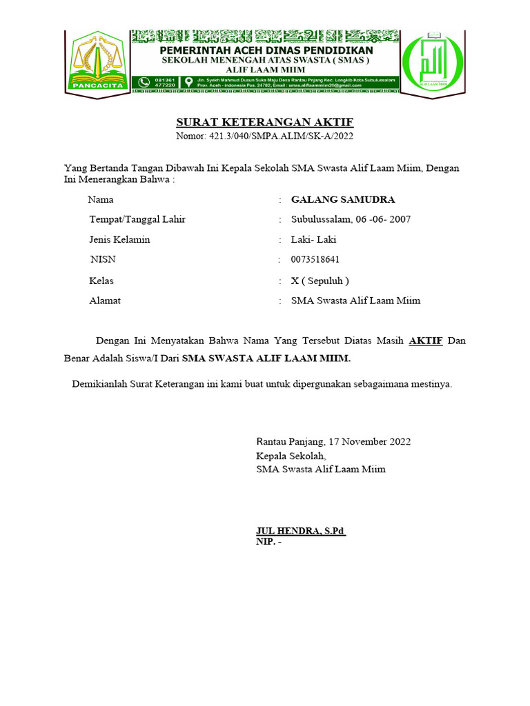 Surat Keterangan Aktif Siswa SMA Alif Laam Miim | PDF