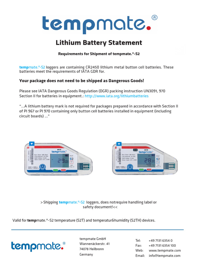 Tempmate S2 Battery Statement | PDF | Technology & Engineering