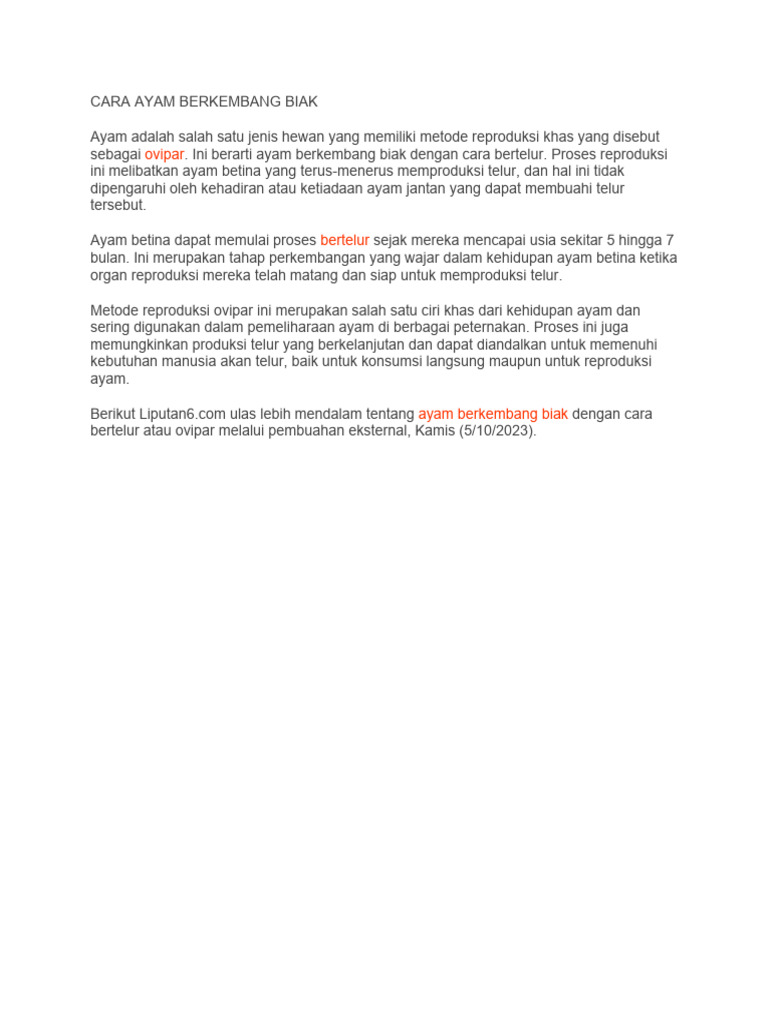 Proses Reproduksi Ayam Ovipar | PDF