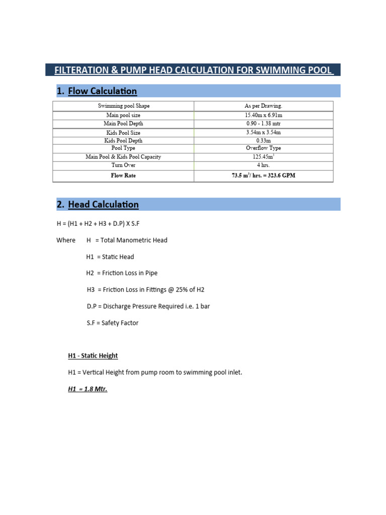 Filteration Pump Head Calculation For Swimming Pool at Pent House | PDF