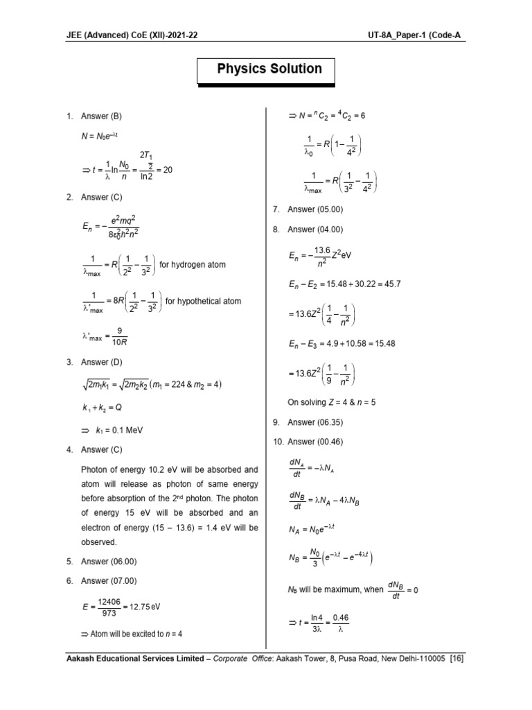 UT - 08 Advanced Paper - 1 Practice Paper Solution - Physics & Maths | PDF | Electronvolt | Physics