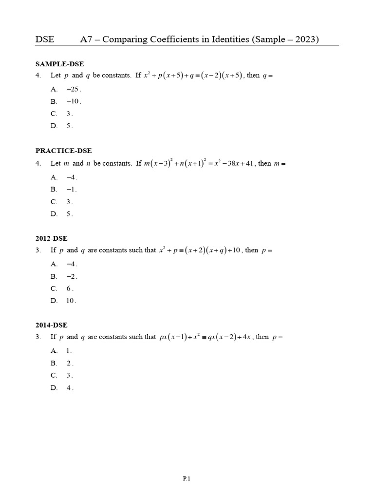 DSE MC A7 Comparing Coefficients 2023 | PDF