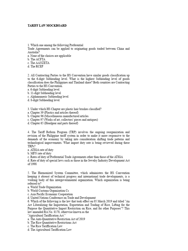 Tariff Law Mockboard Review Questions | PDF | World Trade Organization ...
