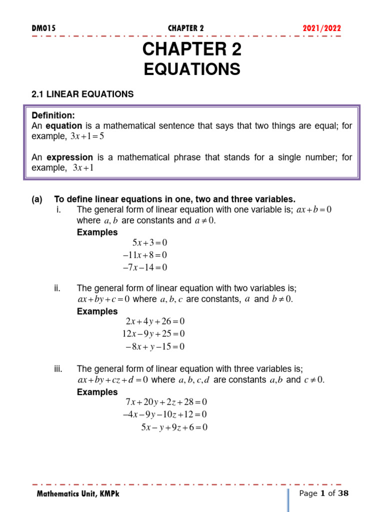 Chapter 2 DM015 EQUATIONS 2021.2022 | PDF | Equations | Variable (Mathematics)