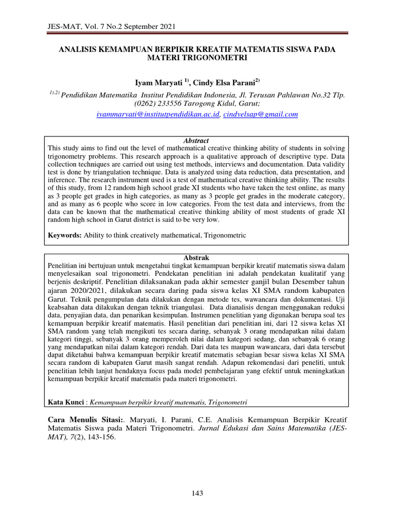 Analisis Kemampuan Berpikir Kreatif Matematis Sisw | PDF | Sains & Matematika