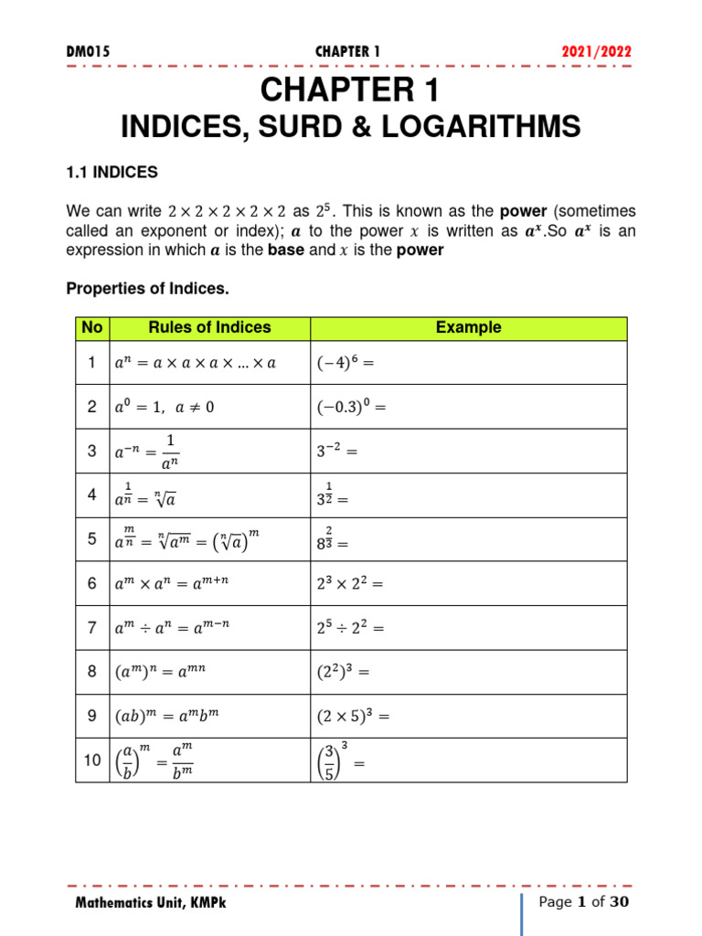 Chapter 1 Dm015 Indices 2021.2022 | PDF | Logarithm | Algebra