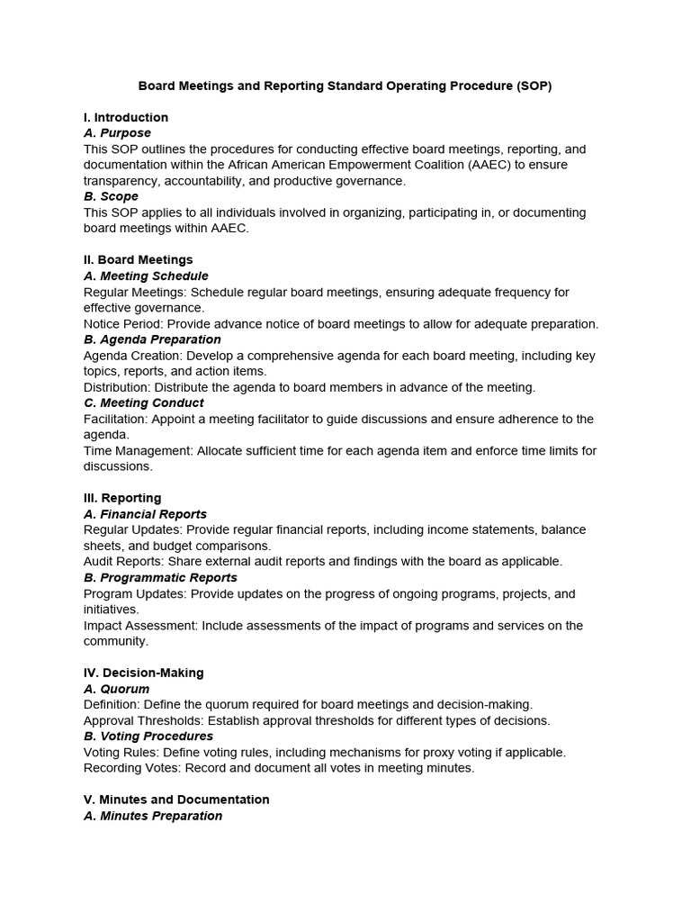 Board Meetings and Reporting Standard Operating Procedure (SOP) | PDF ...