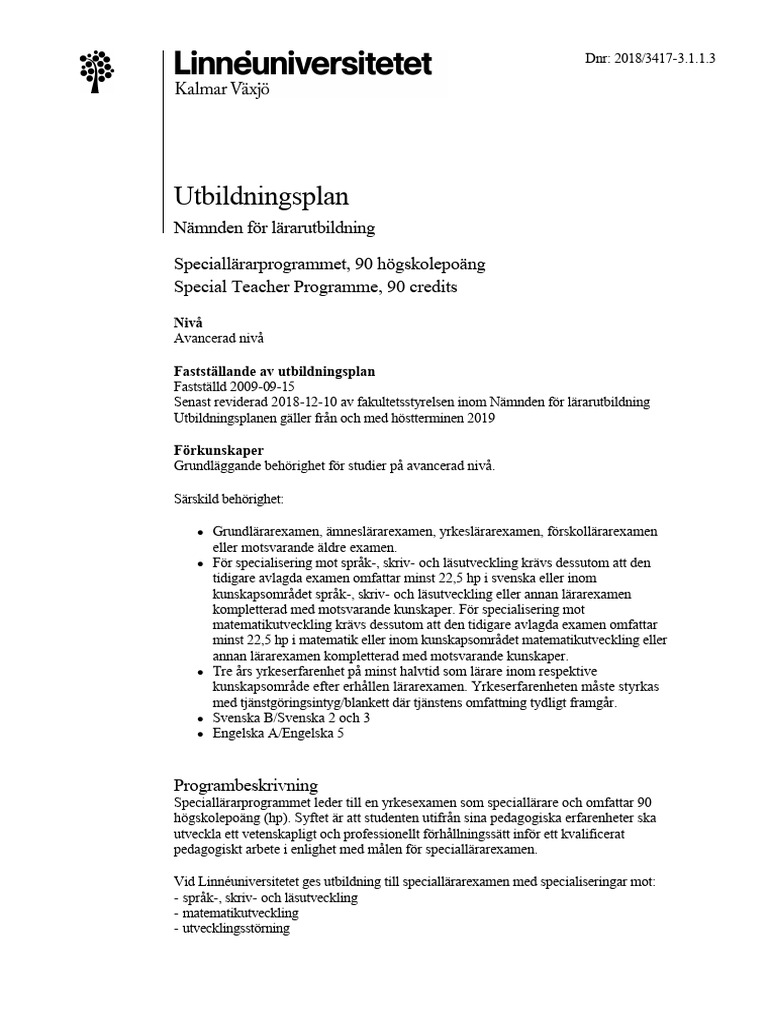 Utbildningsplan Speciallärare | PDF
