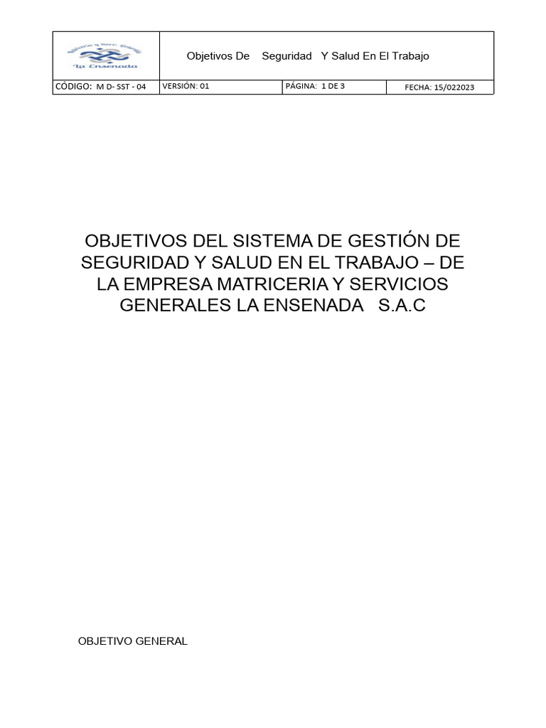 Objetivos Del Sistema de Gestión de Seguridad y Salud en El Trabajo | PDF | Seguridad y salud ...