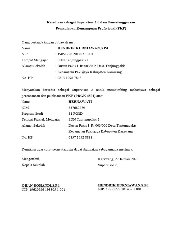 Kesediaan Sebagai Supervisor 2 PKP Contoh | PDF