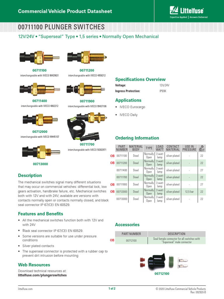 Littelfuse Plunger Switches Datasheet 00711100 007-1840047 | PDF ...