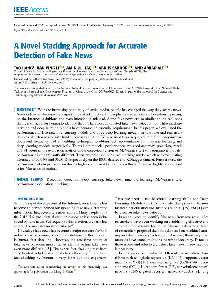A Novel Stacking Approach For Accurate Detection of Fake News | PDF | Machine Learning | Support ...