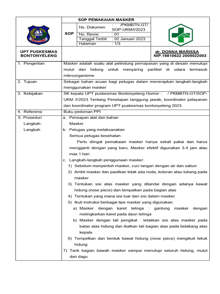 Pengertian dan SOP Penggunaan Masker | PDF