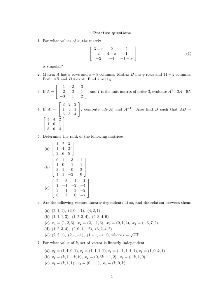 Tutorial Sheet1 | PDF | Matrix (Mathematics) | Mathematics