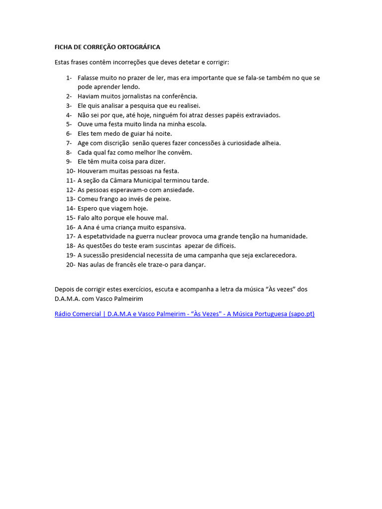 Ficha De CorreÇÃo OrtogrÁfica 1 Pdf